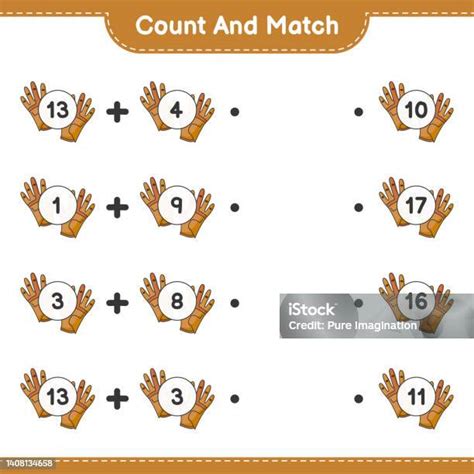카운트와 매치 골프 장갑의 수를 계산하고 올바른 숫자와 일치 교육 어린이 게임 인쇄 가능한 워크 시트 벡터 일러스트 레이 션 0명에 대한 스톡 벡터 아트 및 기타 이미지