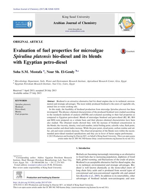 Pdf Evaluation Of Fuel Properties For Microalgae Spirulina Platensis Bio Diesel And Its Blends