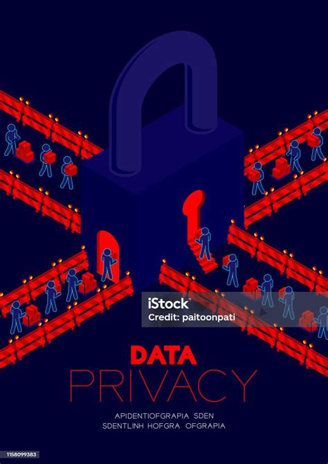 데이터 프라이버시 개념 남자 픽토그램 데이터를 아이소메트릭 잠금 키홀 도어 및 배리어 일러스트 포스터 및 배너 디자인이 파란색