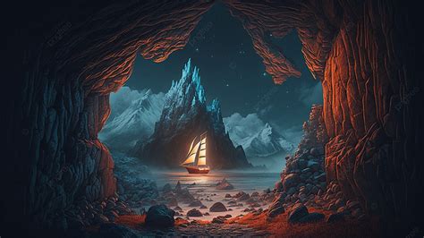 동굴 항해 바위 신비한 그림 배경 동굴 요트 만화 범선 배경 일러스트 및 사진 무료 다운로드 Pngtree