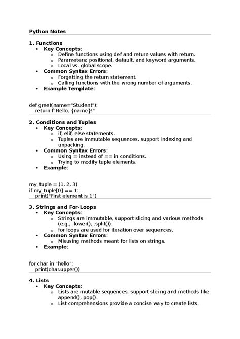Python Summary Notes Python Notes 1 Functions Key Concepts O Define
