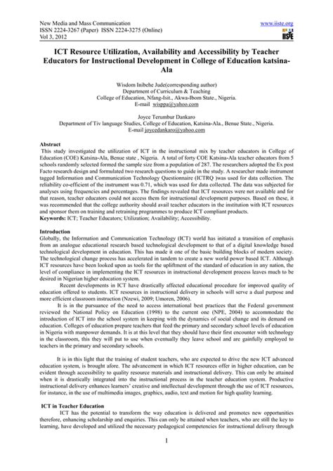Ict resource utilization, availability and accessibility by teacher educators for instructional ...