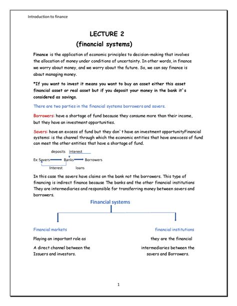 Lecture Study Notes LECTURE Financial Systems Finance Is The Application Of Economic