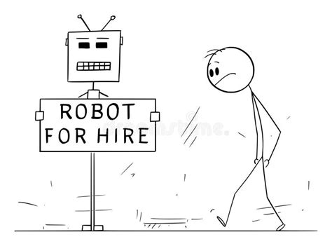 Robot Worker Looking For Job Or Work Vector Cartoon Stick Figure Illustration Stock Vector