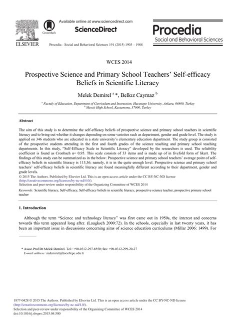 Pdf Prospective Science And Primary School Teachers Self Efficacy Beliefs In Scientific Literacy