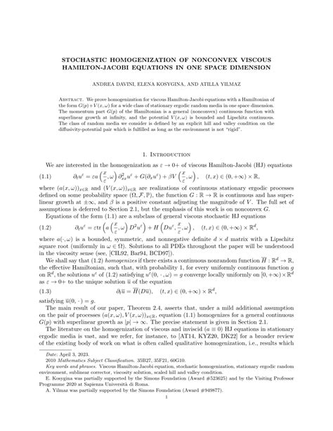 Pdf Stochastic Homogenization Of Nonconvex Viscous Hamilton Jacobi Equations In One Space