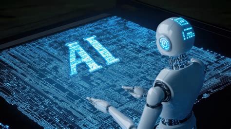 Humanoid Robot Analyzing Digital Data In A Futuristic Workspace