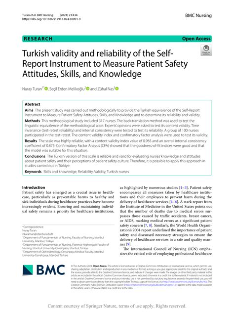 Pdf Turkish Validity And Reliability Of The Self Report Instrument To Measure Patient Safety