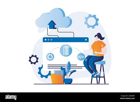 Saas Concept With People Scene In Flat Cartoon Design Woman Works On