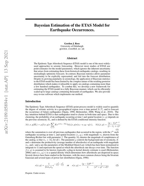 Pdf Bayesian Estimation Of The Etas Model For Earthquake Occurrences