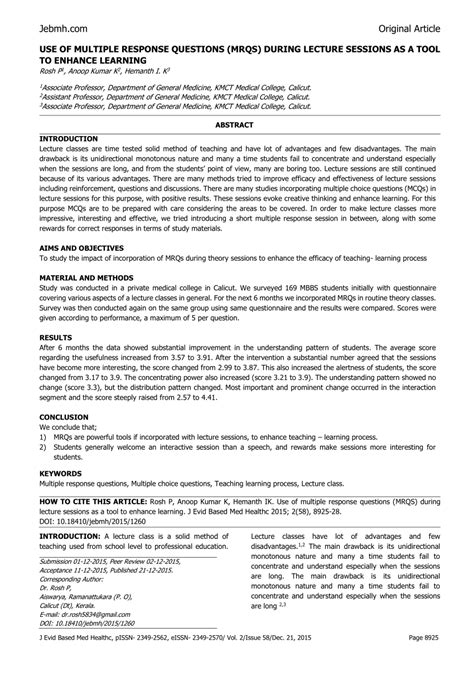 Pdf Use Of Multiple Response Questions Mrqs During Lecture Sessions