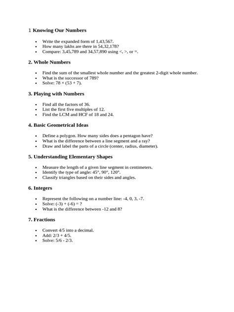 Maths Questions For Class 6 Pdf