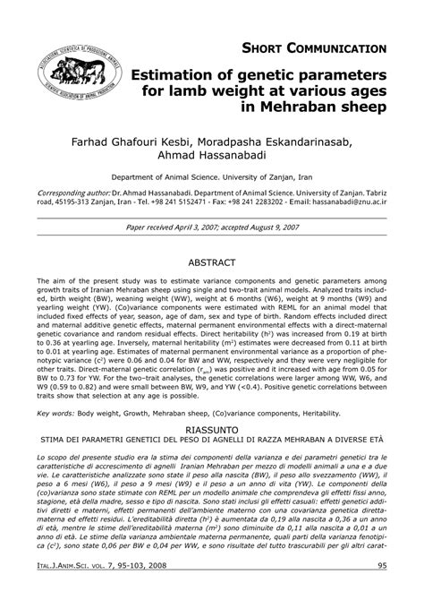 Pdf Estimation Of Genetic Parameters For Lamb Weight At Various Ages In Mehraban Sheep