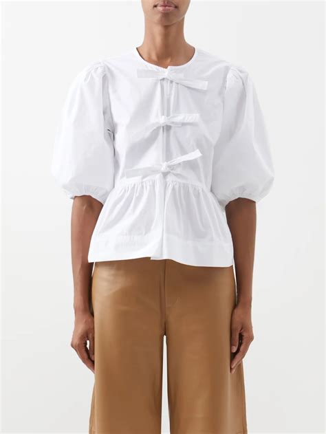 Matches Cotton Puff Sleeve Blouse With Tie Sleeves Ganni Blouse