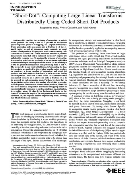 Pdf “short Dot” Computing Large Linear Transforms Distributedly
