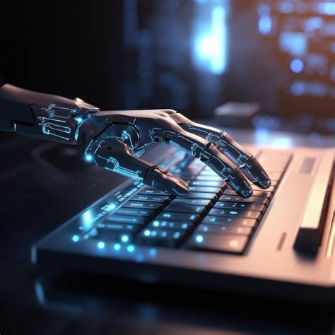 Robot Artificial Intelligence Hands Pressing Keyboard Laptop Generative Ai Premium Ai