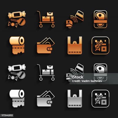 돈 지갑 고기 포장 스테이크 Qr 코드 종이 쇼핑백 화장지 롤 Pos 단말기 신용 카드 사탕 및 핸드 트럭 상자 아이콘을 설정합니다 벡터 Qr코드에 대한 스톡 벡터 아트 및