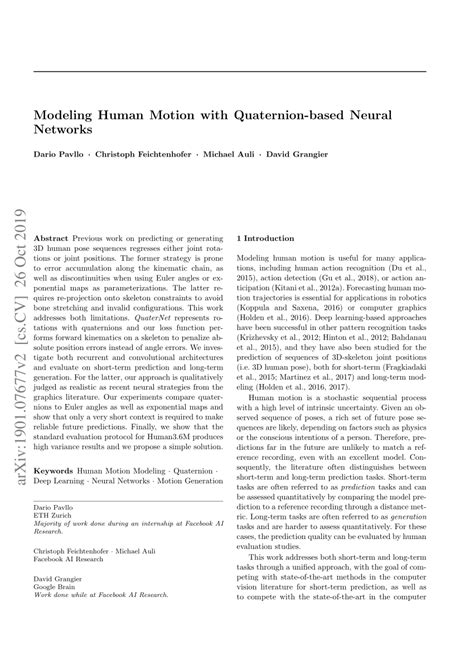 Pdf Modeling Human Motion With Quaternion Based Neural Networks