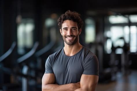 Retrato de un joven caucásico sonriente y apuesto posando después de entrenar en el gimnasio
