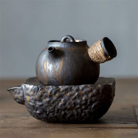 Handmade Iron Rust Glaze Ceramic Kyusu Teapot With Tea Tray Japanese