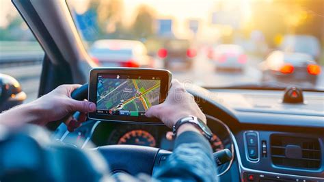 Driver Using Gps Technology On The Highway To Access Real Time Navigation Traffic Updates And