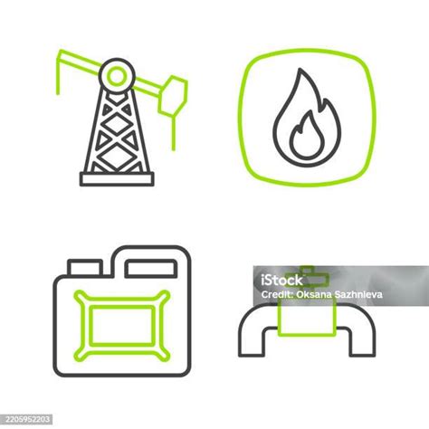 세트 라인 금속 파이프 및 밸브 모터 오일용 캐니스터 화재 화염 및 오일 펌프 펌프 잭 아이콘 벡터 가솔린에 대한 스톡 벡터 아트 및 기타 이미지 Istock
