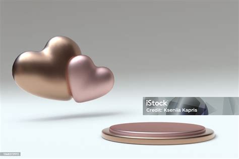 3d 세인트 발렌타인 데이 라운드 황금 연단 디스플레이 비행 골드 하트와 받침대 0명에 대한 스톡 사진 및 기타 이미지 0명 2월 3차원 형태 Istock