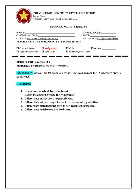 Learning Activity 4 Assignment 4 Copy Auto Recovered Polytechnic University Of The