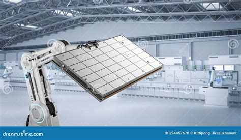 Automation Battery Manufacturing With Electric Car Battery Produced By Robotic Arms Stock Image