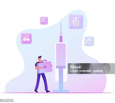 Hpv 인간 유두종 바이러스 감염 예방 접종 개념 남자는 거대한 주사기 근처 악기와 도구와 의료 상자를 수행 예방 조치 바이러스 예방 접종 만화 플랫 벡터 일러스트 백신