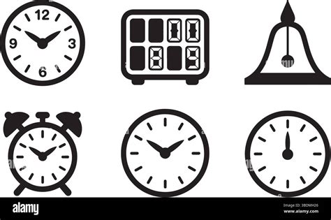 A Collection Of Solid Black Icons Depicting Various Types Of Clocks Including Alarm Clocks