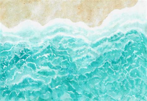 Watercolor Painting Nature Background Of Blue Sea Water And Summer