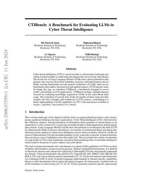 Pdf Ctibench A Benchmark For Evaluating Llms In Cyber Threat