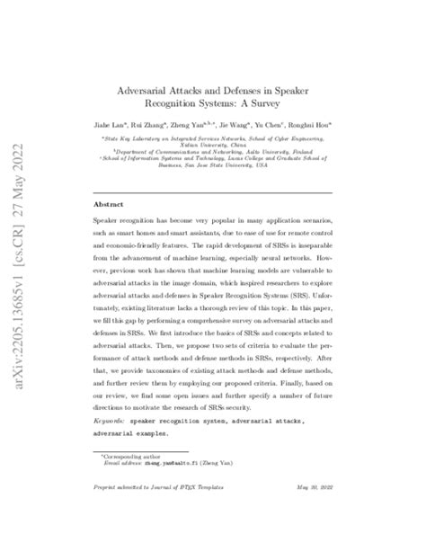 Pdf Adversarial Attacks And Defenses In Speaker Recognition Systems