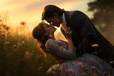 Man And Woman Kissing In Field Premium Ai Generated Image