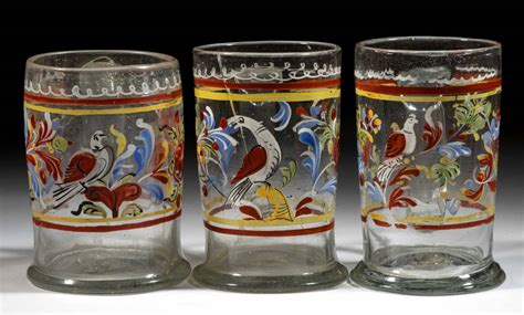 Free Blown And Decorated Stiegel Type Tankard Mugs Lot Of Three Auction