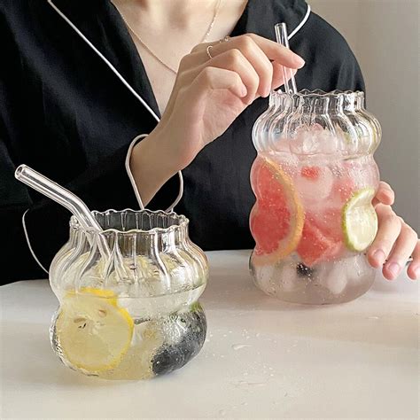 대용량 우유 음료 스트라이프 주스 컵 커피 크림 요구르트 우유 주스 와인 컵 투명 유리 컵 꽃 차 머그잔 410ml