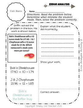 Unit Rates Error Analysis By Brainy Owl Teacher TPT