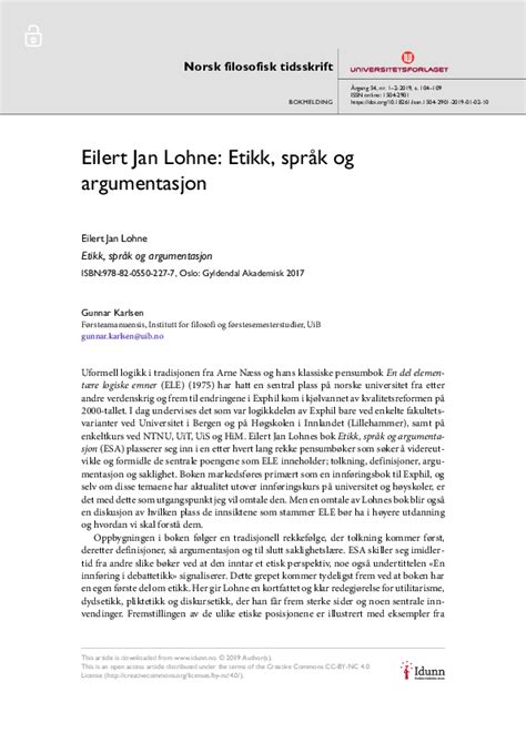 Pdf Eilert Jan Lohne Etikk Språk Og Argumentasjon Gunnar Karlsen