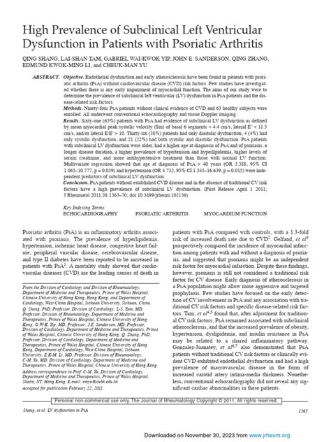 High Prevalence Of Subclinical Left Ventricular Dysfunction In Patients With Psoriatic Arthritis