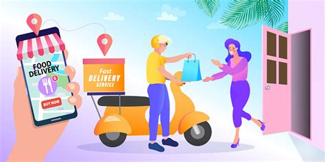 모바일 앱의 빠른 배달 서비스 디자인 컨셉 디지털 마케팅을 위한 온라인 배달 서비스 플랫 디자인 배너 일러스트 컨셉 개념에 대한