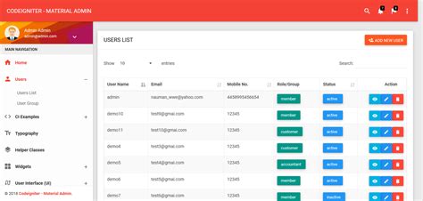 codeigniter material admin user management system by codeglamour