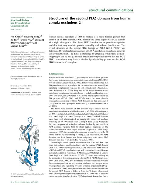 Pdf Structure Of The Second Pdz Domain From Human Zonula Occludens 2
