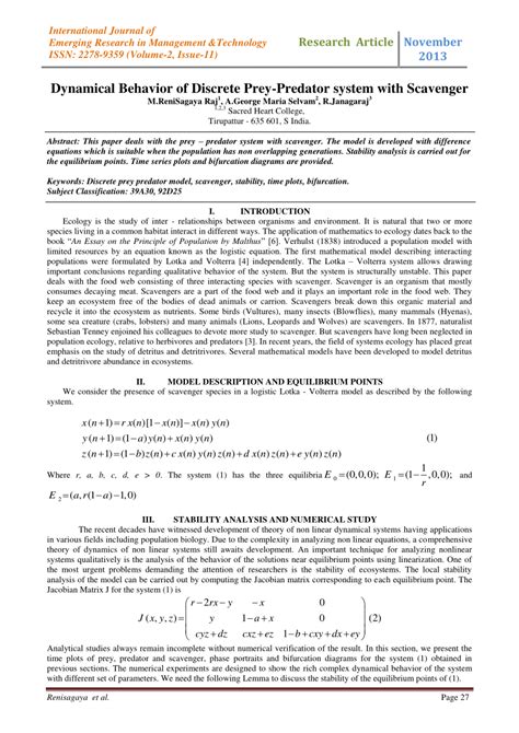 Pdf Dynamical Behavior Of Discrete Prey Predator System With Scavenger