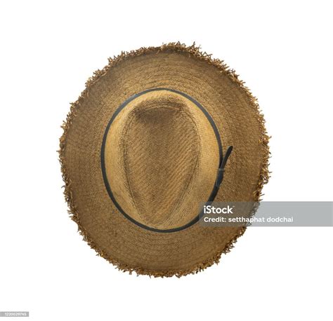 클리핑 경로와 흰색 배경에 고립 된 남성을위한 갈색 빨대 해변 태양 모자 패션 여름의 상단보기 빈티지 스타일의 스 그레이 디