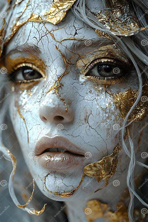 Golden Cracked Face With Ethereal Beauty Art Photo Stock Illustration