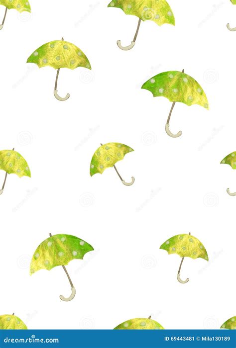 Seamless Pattern With Hand Drawn Green Umbrellas With White Circles On White Background Stock