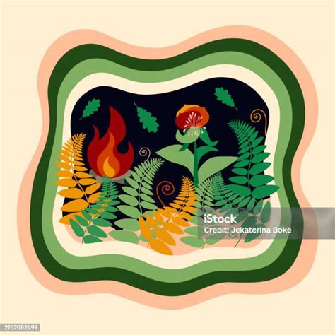 창조적 인 일러스트 여름 Ligo 휴일 배경 개념 양치류와 Ligo 꽃의 풍경과 화재 장소와 오크 잎 벡터 일러스트 레이 션 0명에 대한 스톡 벡터 아트 및 기타 이미지