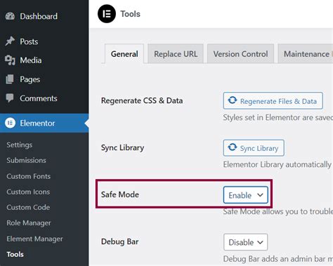 Activate Safe Mode Elementor