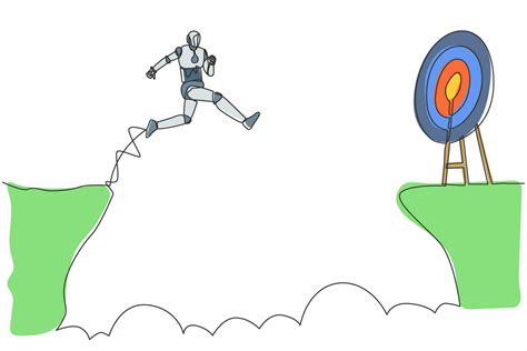 Single Continuous Line Drawing Robot Jumping Over Cliff To Reach Target Robotic Artificial